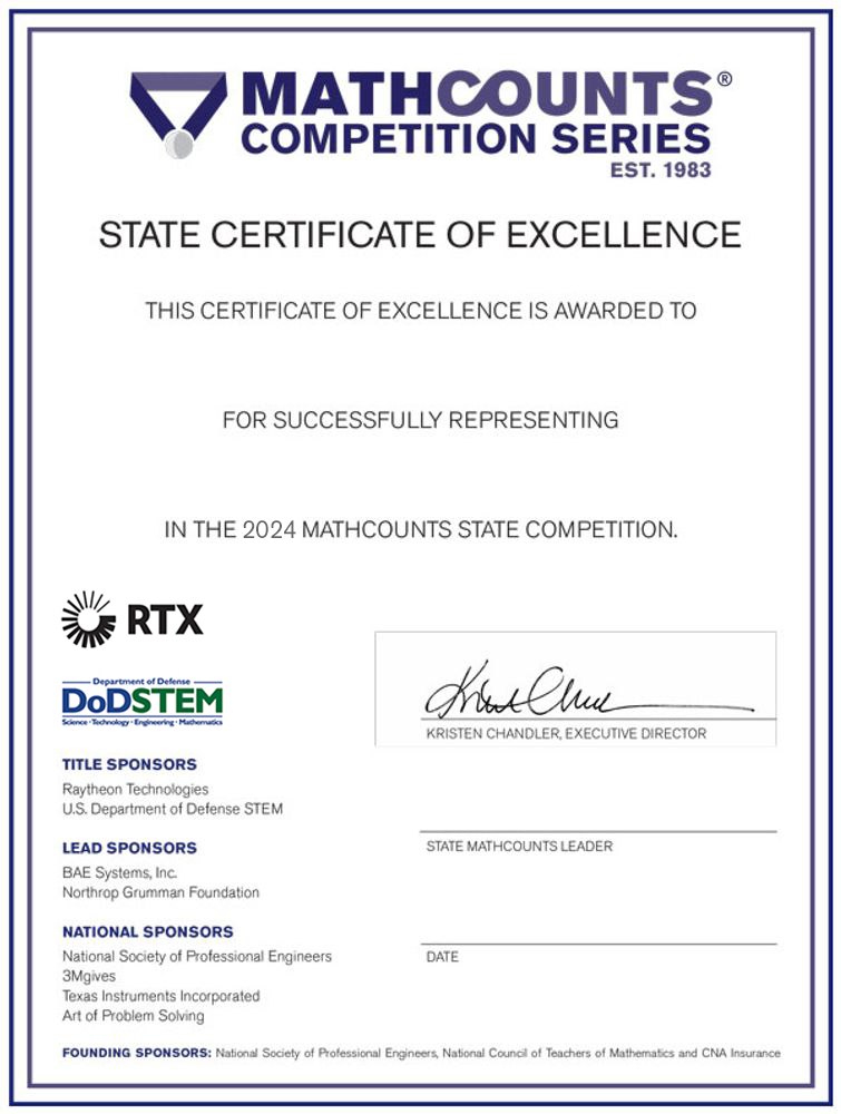 SCC State Coach Certificate – MATHCOUNTS Store