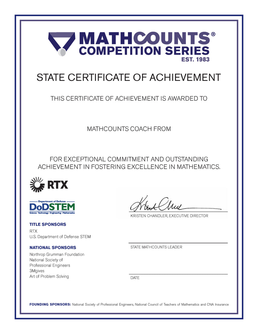 SCC State Coach Certificate – MATHCOUNTS Store