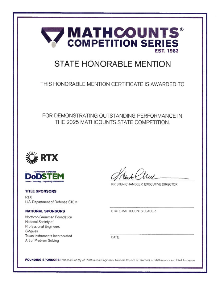 SHM State Honorable Mention Certificate – MATHCOUNTS Store